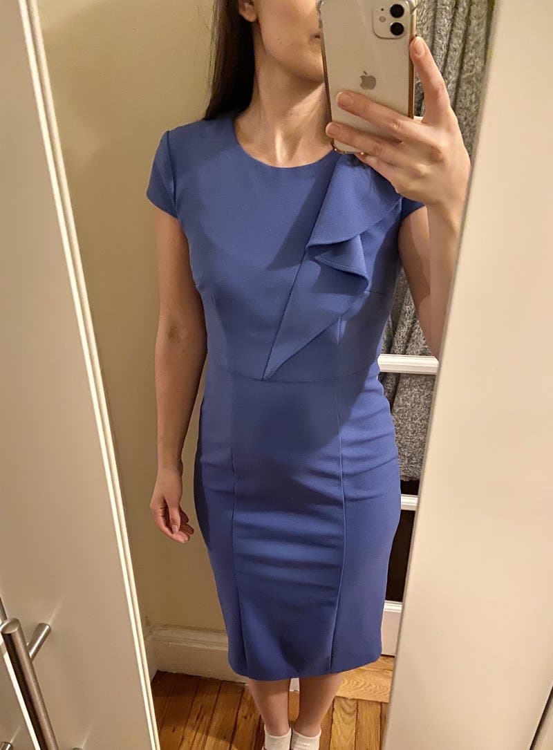 Blue Ruffle Cap Sleeve Sheath by Donna Morgan | Rent the Runway